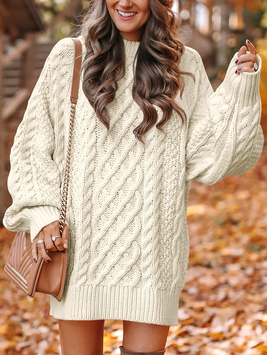 ANRABESS Women Long Sleeve Oversized Cable Knit Chunky Baggy Loose Pullover Tunic Mini Sweater Dress 2025 Trendy Fall Outfits Beige Large