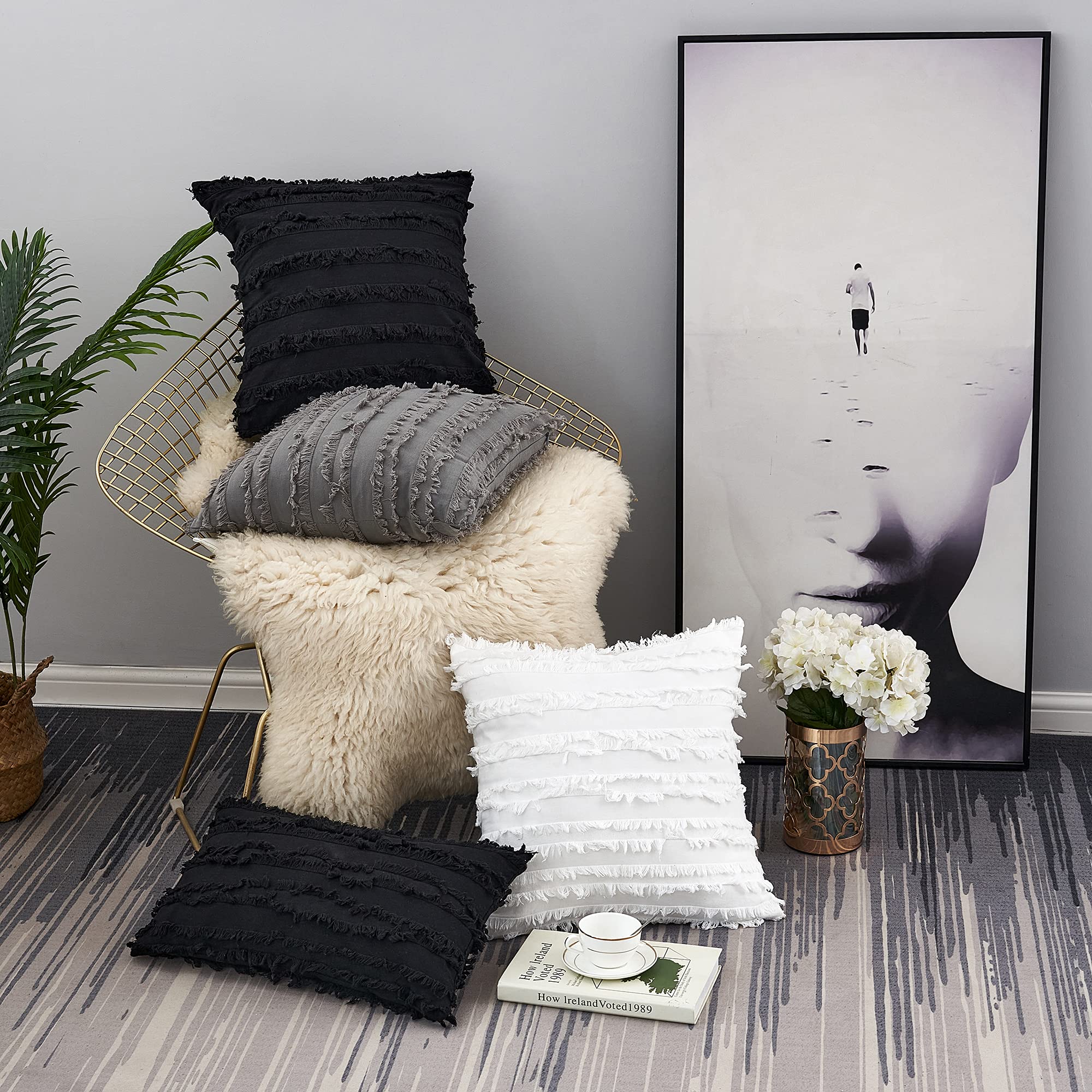 Longhui bedding Black Throw Pillow Covers for Couch Sofa Bed, Cotton Linen Decorative Pillows Cushion Covers, 12 x 20 inches, Set of 2