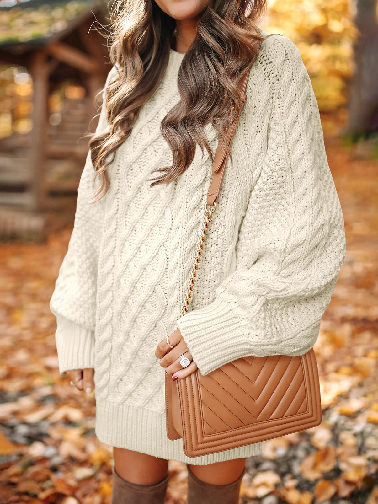 ANRABESS Women Long Sleeve Oversized Cable Knit Chunky Baggy Loose Pullover Tunic Mini Sweater Dress 2025 Trendy Fall Outfits Beige Large
