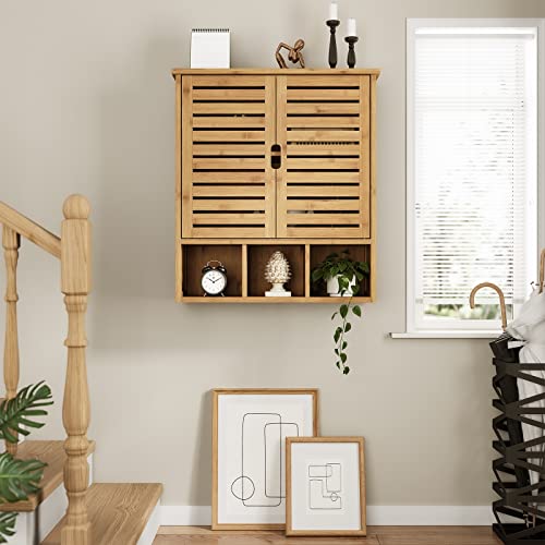 FORABAMB Bathroom Wall Cabinet Wood Medicine Cabinets with 2 Doors & Adjustable Shelves Over The Toilet Storage Cabinet with 3 Compartments Wall Mounted Storage Organizer for Kitchen Laundry Room