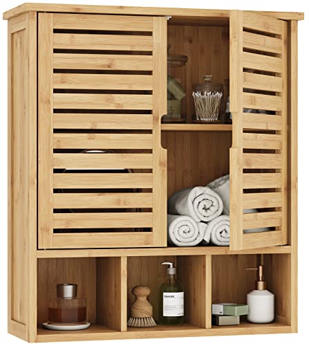 FORABAMB Bathroom Wall Cabinet Wood Medicine Cabinets with 2 Doors & Adjustable Shelves Over The Toilet Storage Cabinet with 3 Compartments Wall Mounted Storage Organizer for Kitchen Laundry Room