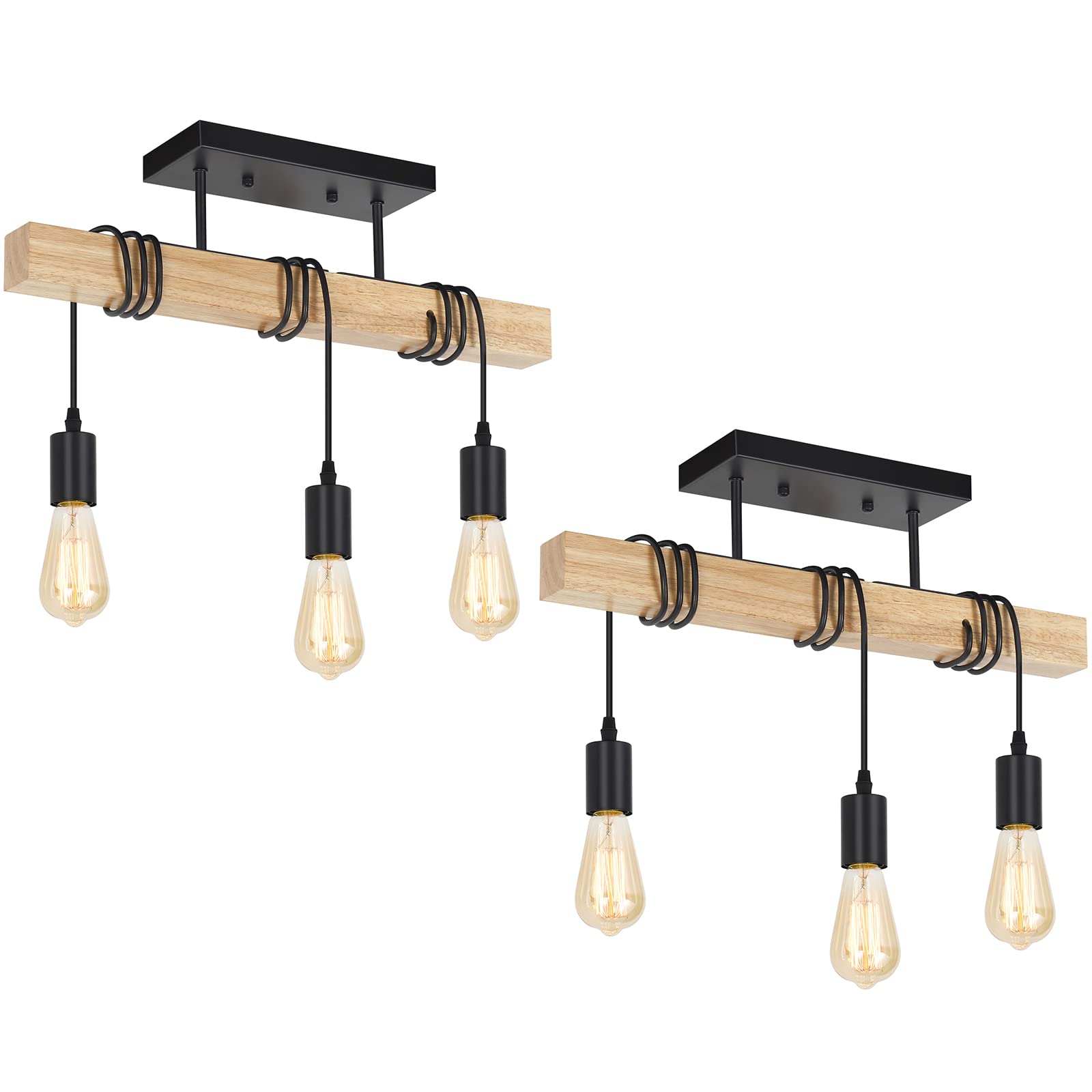 Vintage Wood Chandelier Ceiling Light Fixtures, Set of 2 Semi Flush Mount Ceiling Lights, 3-Light Ceiling Lamp for Hallway Bedroom Entryway Farmhouse Dining Room Living Room