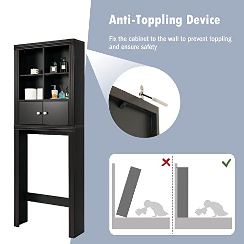 LOKO Over The Toilet Storage Cabinet, 2-Door Tall Bathroom Organizer w/ 4 Open Compartments & Adjustable Shelves, Modern Simple Toilet Space Saver, Ideal for Bathroom Laundry Balcony (Espresso)