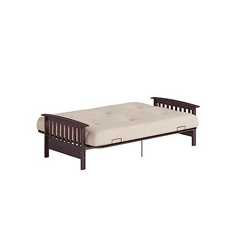 DHP Laurel Full Size Espresso Wood Arm Futon Frame with 6" Thermobonded High Density Polyester Fill Tan Microfiber Mattress