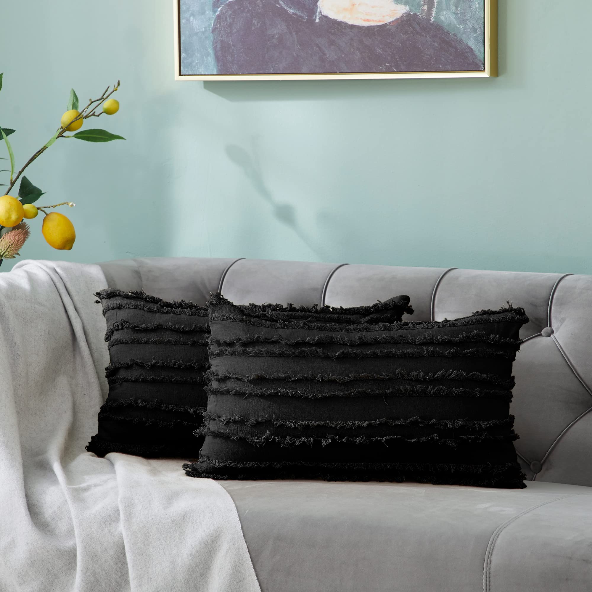 Longhui bedding Black Throw Pillow Covers for Couch Sofa Bed, Cotton Linen Decorative Pillows Cushion Covers, 12 x 20 inches, Set of 2