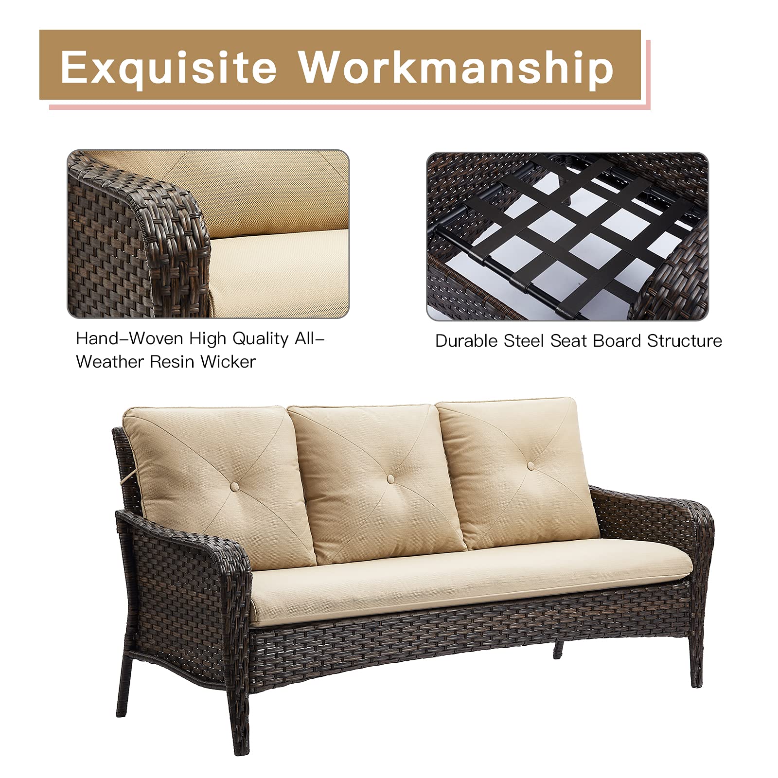 Rilyson Outdoor Patio Sofa, 3-Seat Patio Sectional PE Wicker Sofa, Outdoor Wicker Couch with Deep Seating and Cushions