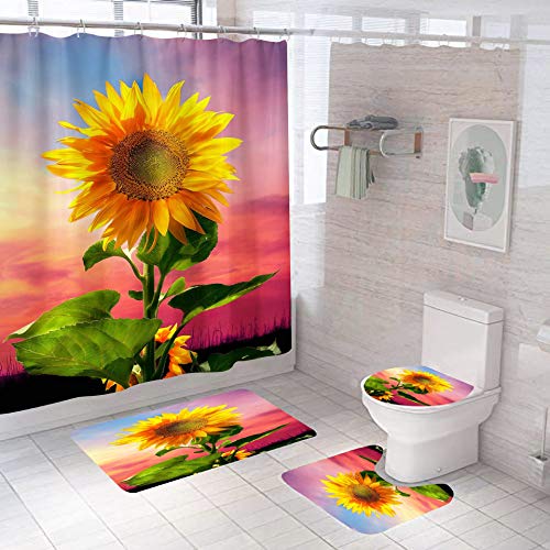 mamrug 4 PCS Sunflower Shower Curtain Sets with Non-Slip Rugs and Toilet Lid Cover Sunset Colorful Bath Decor Shower Curtains 72"x 72" with 12 Hooks Durable Waterproof for Bathroom…