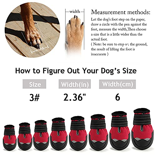 Dog Boots Waterproof Shoes for Dogs with Reflective Straps, Rugged Anti-Slip Soft Sole Dogs Paw Protector for Small Medium Large Dog (3#, Red)