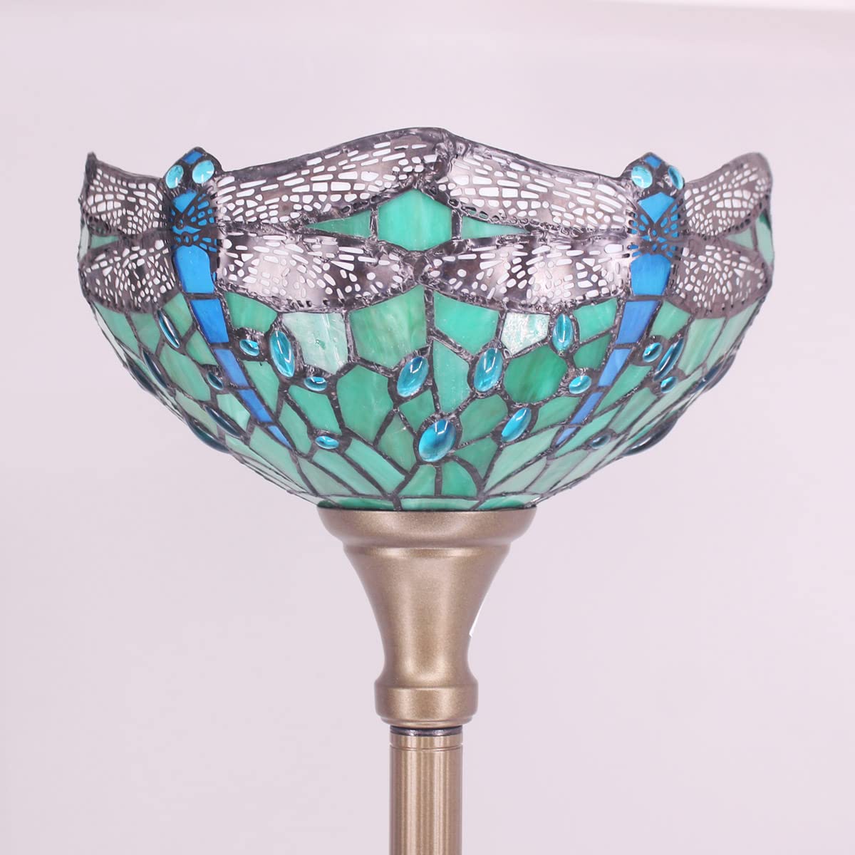 ZJART Tiffany Floor Lamp Torchiere Stained Glass Torch Lamp 12X12X67 Inch Antique Standing Corner Light (Green Dragonfly)