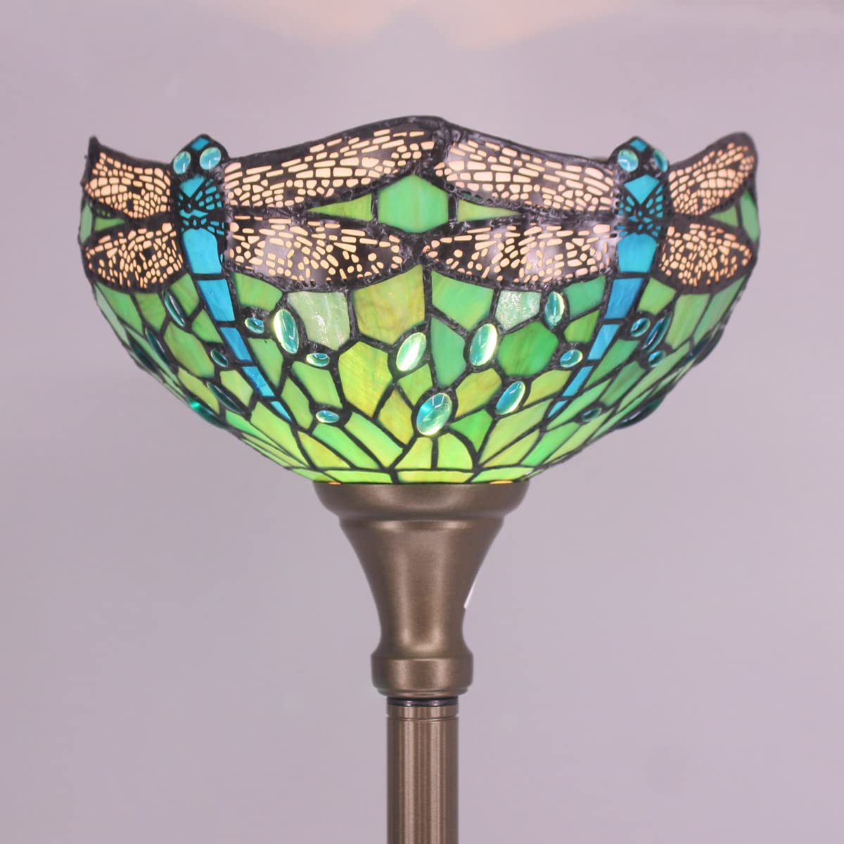 ZJART Tiffany Floor Lamp Torchiere Stained Glass Torch Lamp 12X12X67 Inch Antique Standing Corner Light (Green Dragonfly)