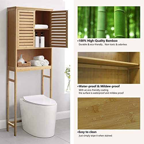 VEIKOUS Bamboo Over The Toilet Storage Cabinet, Bathroom Space Saver, Over The Toilet Rack with Adjustable Shelf, Natural Color