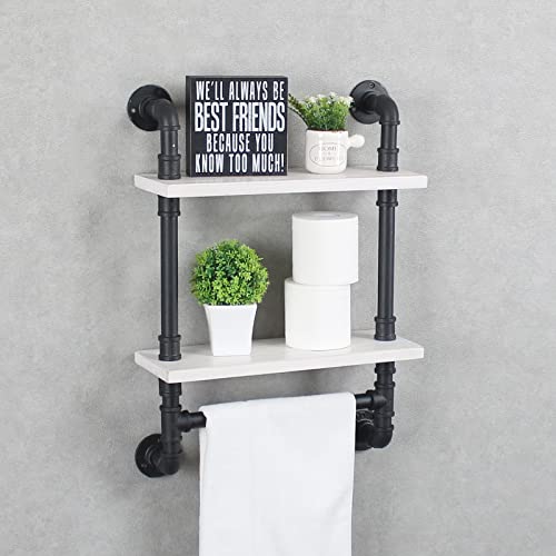 Industrial Pipe Shelving Bathroom Shelves Wall Mounted, 2-Layer 24in Rustic Wood Shelf with Towel Bar,Farmhouse Towel Rack Metal Floating Shelves Towel Holder (TypeA, White)