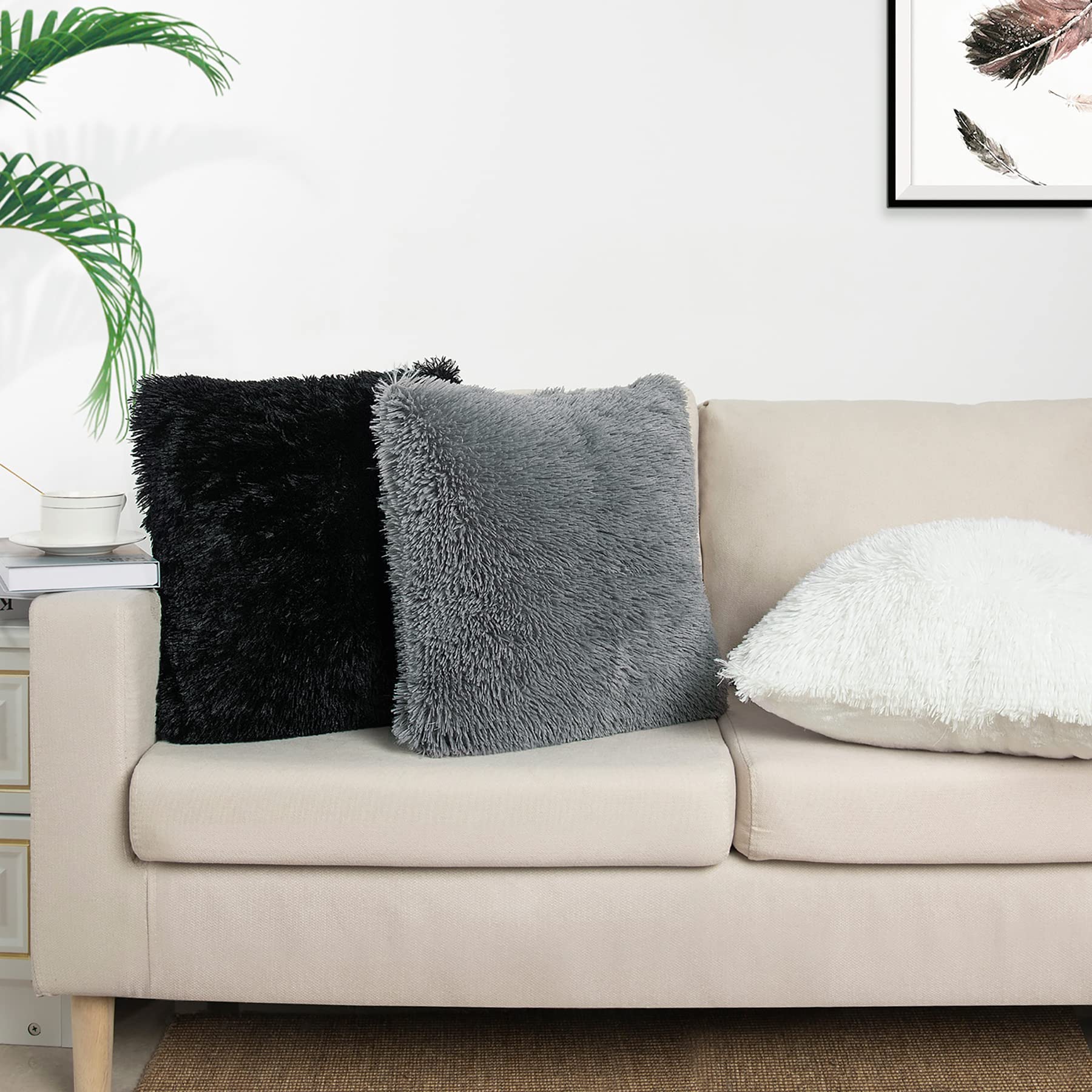 TOONOW Set of 2 Decorative Throw Pillow Covers 18x18, Black Fluffy Pillow Covers New Luxury Faux Fur Square Sofa Pillow Covers for Sofa Couch Living Room Bedroom, No Pillow Insert