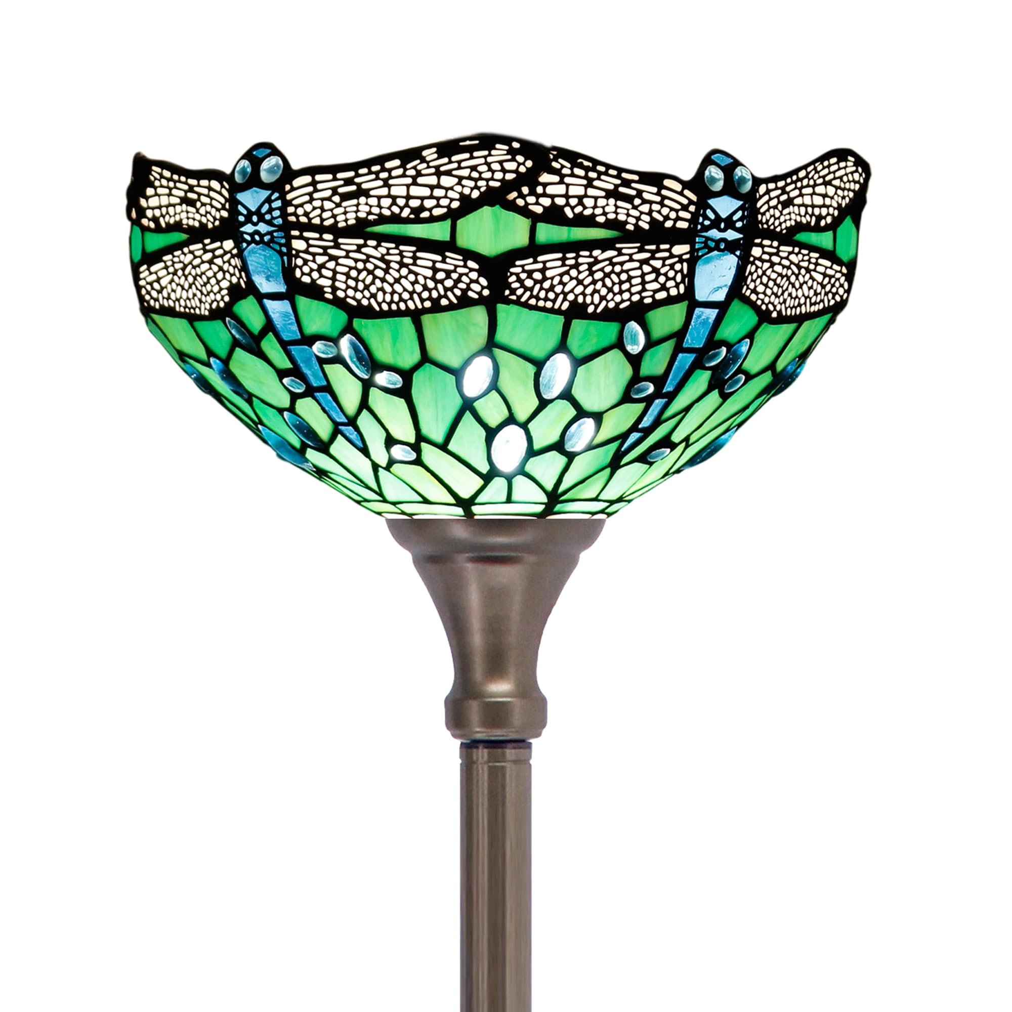 ZJART Tiffany Floor Lamp Torchiere Stained Glass Torch Lamp 12X12X67 Inch Antique Standing Corner Light (Green Dragonfly)