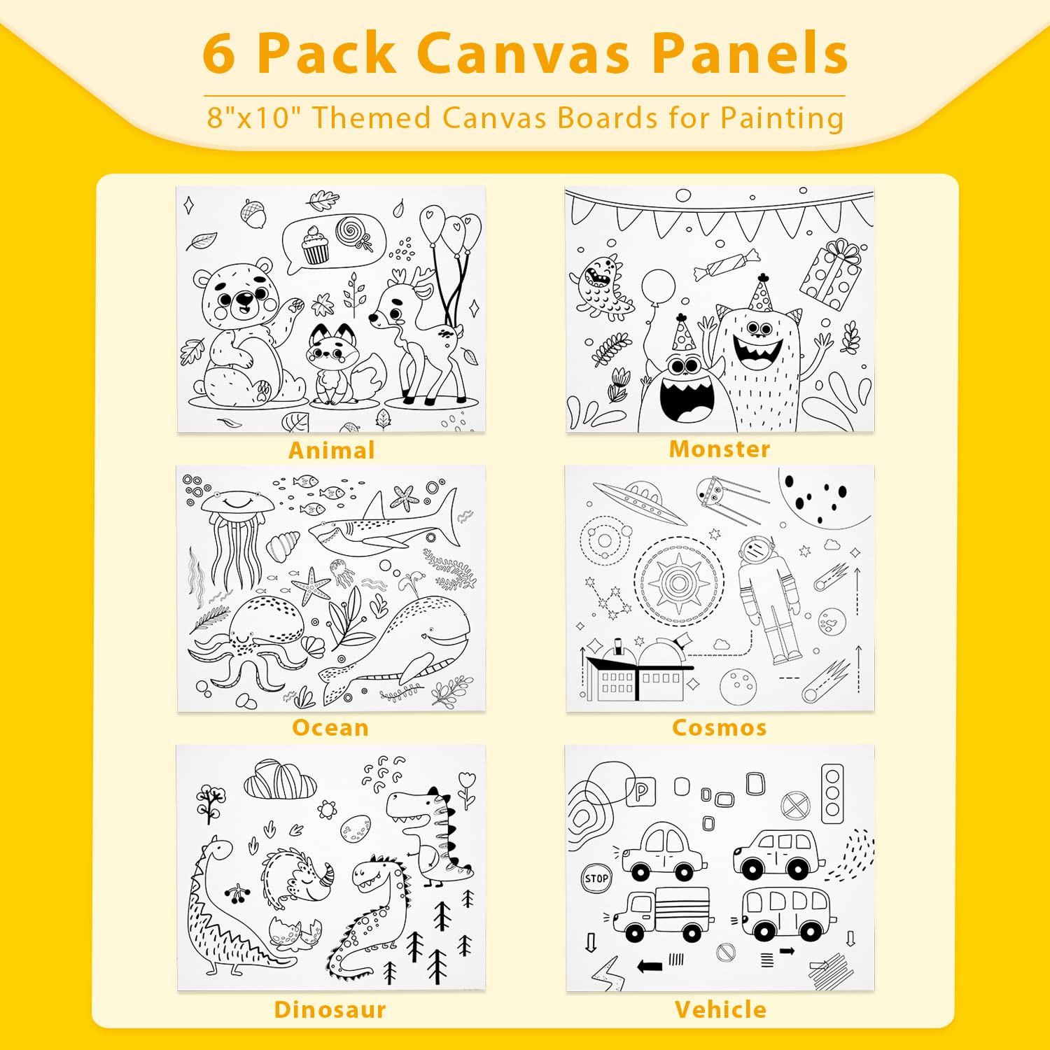 AUREUO Pre Drawn Canvas - 6 Pre Printed 8x10 Canvas, Acrylic Paints, Wood Easel, Smock, Paint Brushes & Palette Art Gift for Boys Girls