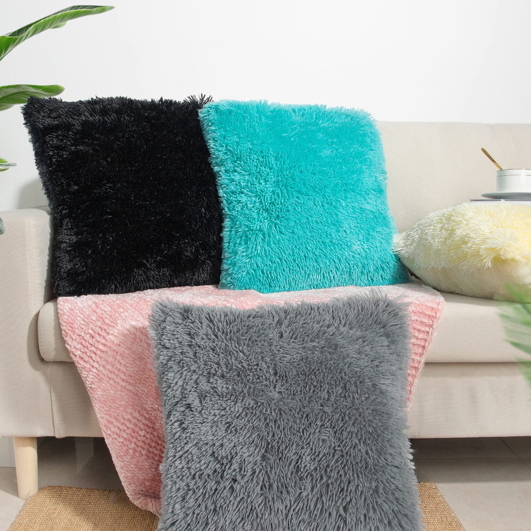 TOONOW Set of 2 Decorative Throw Pillow Covers 18x18, Black Fluffy Pillow Covers New Luxury Faux Fur Square Sofa Pillow Covers for Sofa Couch Living Room Bedroom, No Pillow Insert