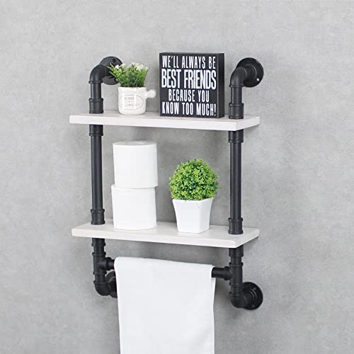 Industrial Pipe Shelving Bathroom Shelves Wall Mounted, 2-Layer 24in Rustic Wood Shelf with Towel Bar,Farmhouse Towel Rack Metal Floating Shelves Towel Holder (TypeA, White)