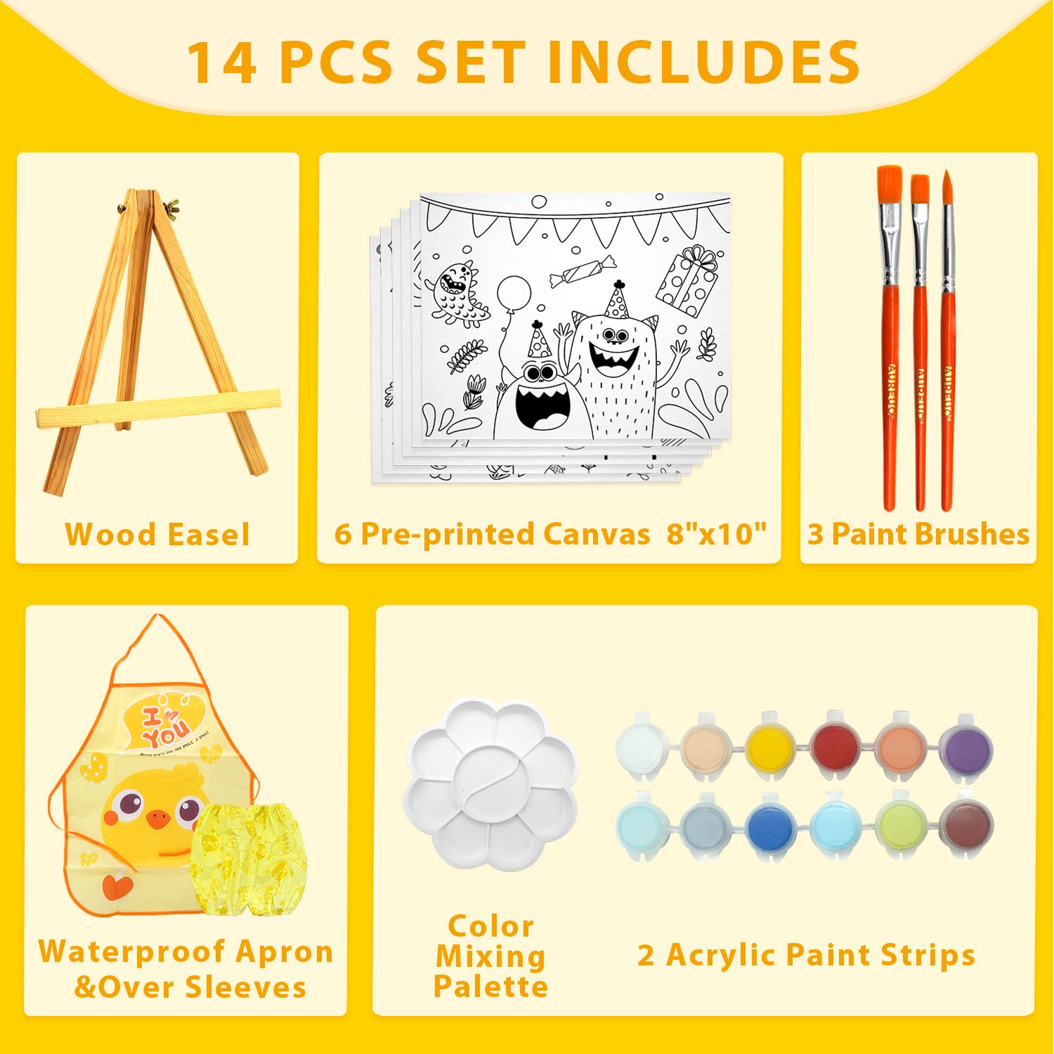 AUREUO Pre Drawn Canvas - 6 Pre Printed 8x10 Canvas, Acrylic Paints, Wood Easel, Smock, Paint Brushes & Palette Art Gift for Boys Girls