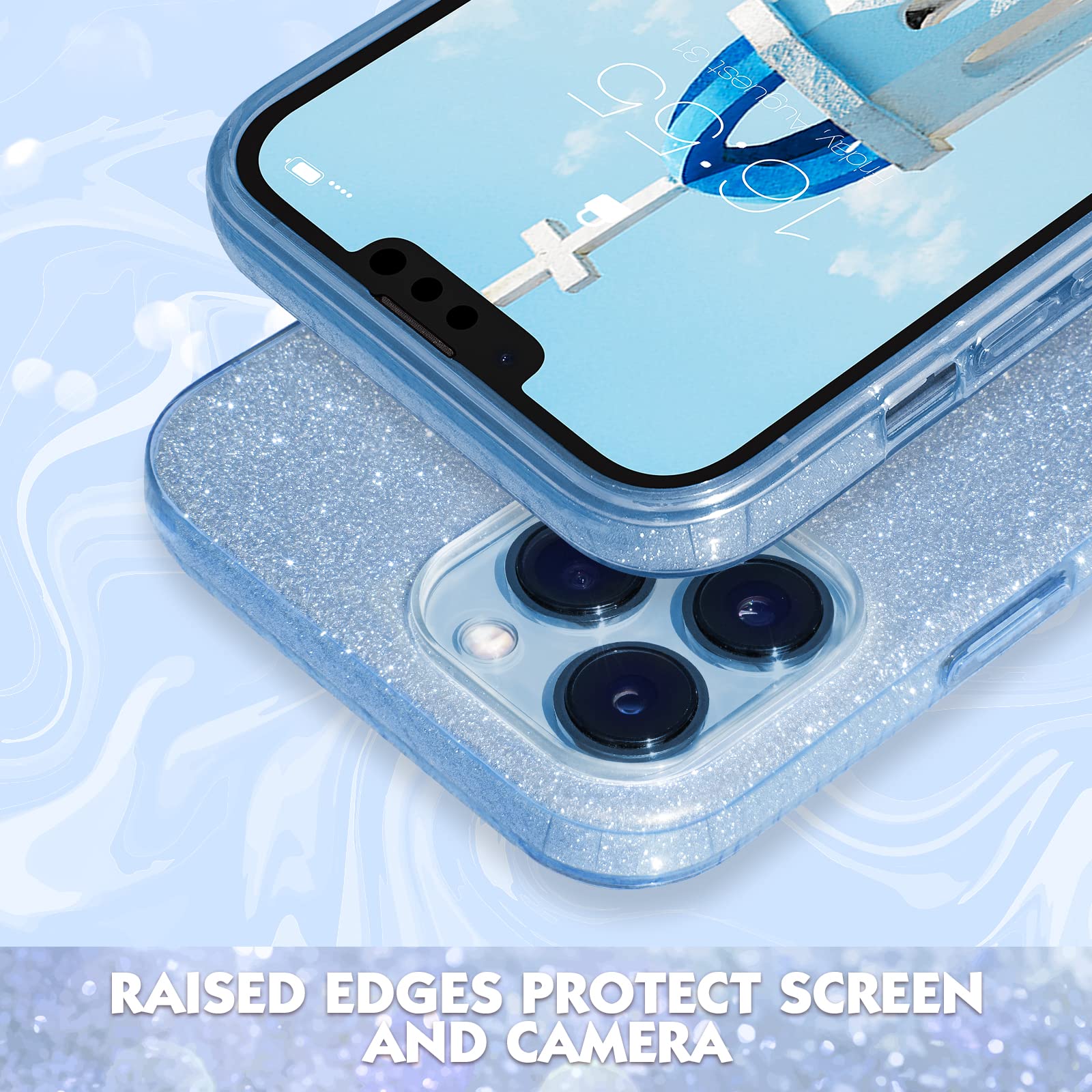 MILPROX Compatible with iPhone 13 Pro Max Case (2021), Glitter Sparkly Shiny Bling Rubber Gel Shell Cases 3 Layers Shockproof Protective Bumper Cover for iPhone 13 Pro Max 6.7" 2021-Blue