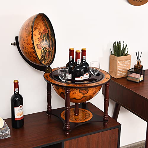 Goplus Tabletop 13” Globe Wine Bar Stand, 16th Century Italian Nautical Chart Liquor Cabinet with Bottom Shelf, Replica Globe Bar Cabinet Wine Rack for Dining Room & Living Room, Retro Brown