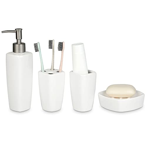 MyGift 4 Piece Ceramic White Bathroom Accessory Set with Soap Dispenser Pump, Toothbrush Holder, Tumbler and Soap Dish