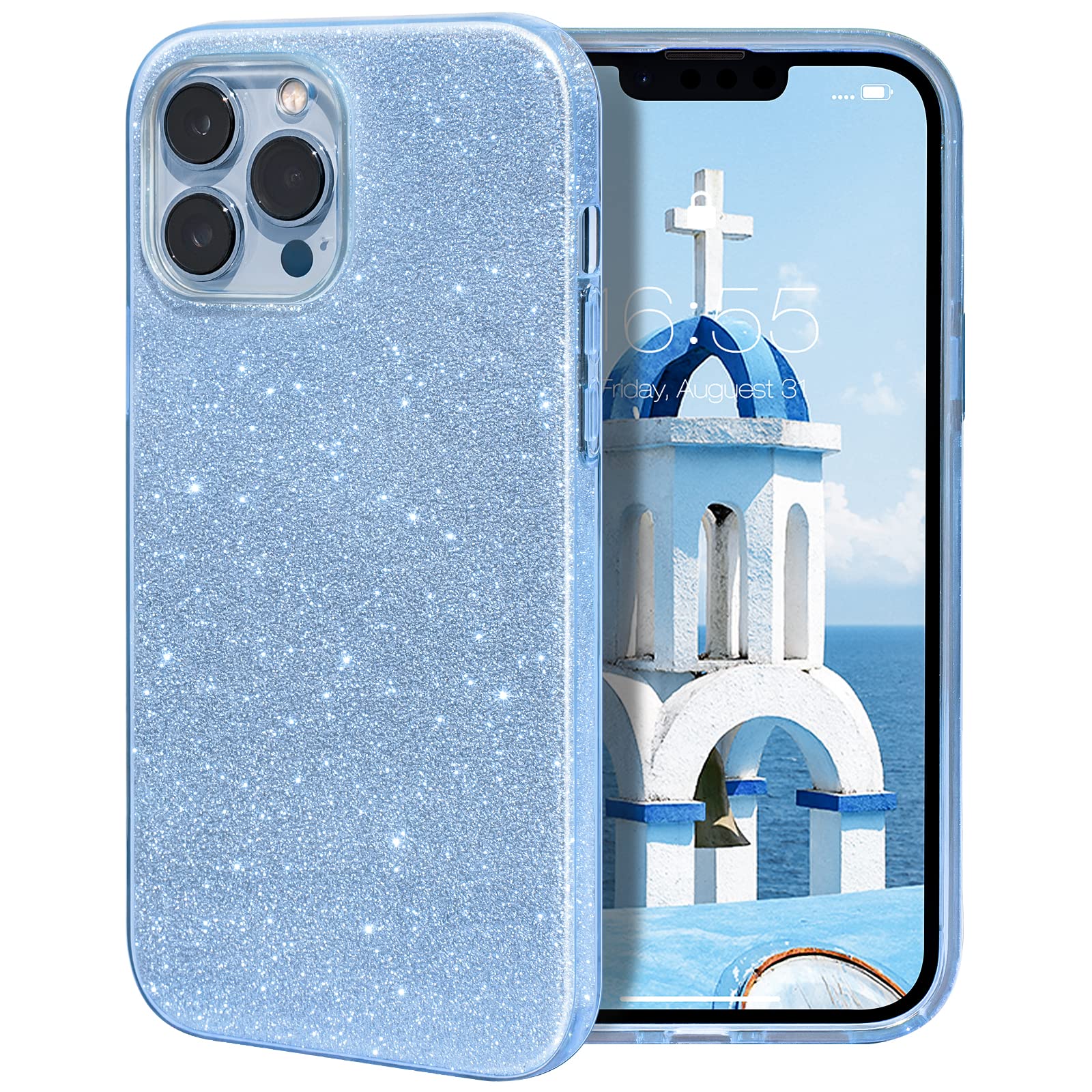 MILPROX Compatible with iPhone 13 Pro Max Case (2021), Glitter Sparkly Shiny Bling Rubber Gel Shell Cases 3 Layers Shockproof Protective Bumper Cover for iPhone 13 Pro Max 6.7" 2021-Blue
