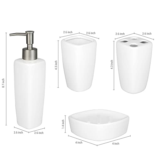 MyGift 4 Piece Ceramic White Bathroom Accessory Set with Soap Dispenser Pump, Toothbrush Holder, Tumbler and Soap Dish