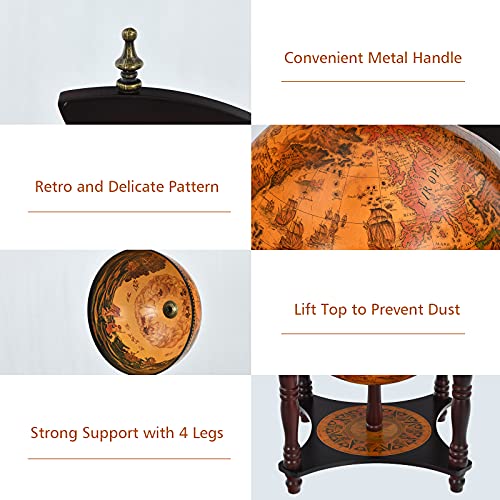 Goplus Tabletop 13” Globe Wine Bar Stand, 16th Century Italian Nautical Chart Liquor Cabinet with Bottom Shelf, Replica Globe Bar Cabinet Wine Rack for Dining Room & Living Room, Retro Brown