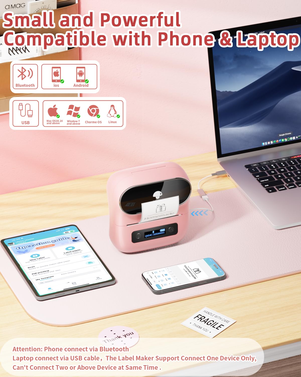 Phomemo Label Printer - M220 Label Maker, Bluetooth Mini Barcode Printer, 3 Inch Wireless Portable Sticker Maker Machine for Mailing, Storage, Address, Clothing, Home, Office,Pink