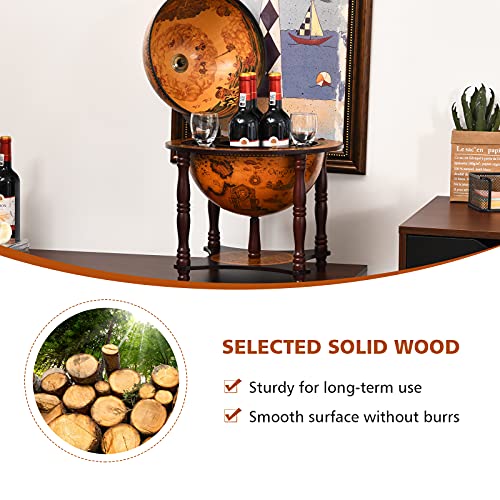 Goplus Tabletop 13” Globe Wine Bar Stand, 16th Century Italian Nautical Chart Liquor Cabinet with Bottom Shelf, Replica Globe Bar Cabinet Wine Rack for Dining Room & Living Room, Retro Brown