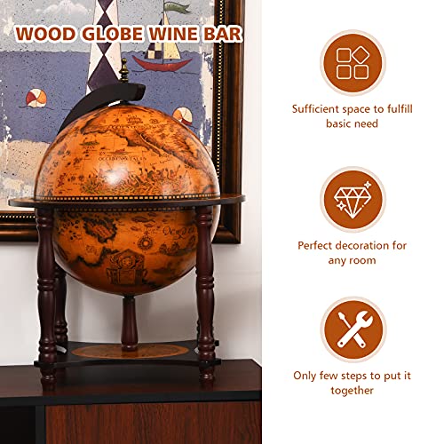 Goplus Tabletop 13” Globe Wine Bar Stand, 16th Century Italian Nautical Chart Liquor Cabinet with Bottom Shelf, Replica Globe Bar Cabinet Wine Rack for Dining Room & Living Room, Retro Brown