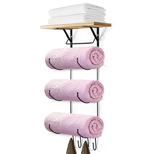 TJ.MOREE Towel Rack Wall Mount for Bathroom Storage, 3 Sectional Metal Bath Towel Rack with 4 hooks for Small Bathroom Organization