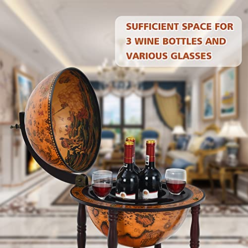 Goplus Tabletop 13” Globe Wine Bar Stand, 16th Century Italian Nautical Chart Liquor Cabinet with Bottom Shelf, Replica Globe Bar Cabinet Wine Rack for Dining Room & Living Room, Retro Brown