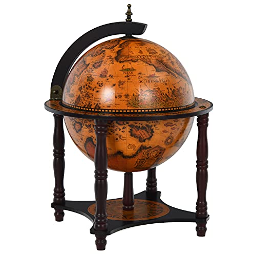 Goplus Tabletop 13” Globe Wine Bar Stand, 16th Century Italian Nautical Chart Liquor Cabinet with Bottom Shelf, Replica Globe Bar Cabinet Wine Rack for Dining Room & Living Room, Retro Brown