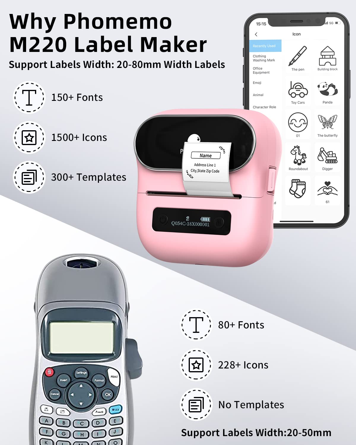 Phomemo Label Printer - M220 Label Maker, Bluetooth Mini Barcode Printer, 3 Inch Wireless Portable Sticker Maker Machine for Mailing, Storage, Address, Clothing, Home, Office,Pink