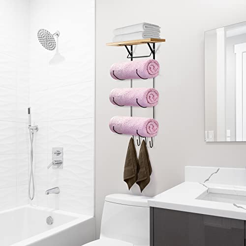 TJ.MOREE Towel Rack Wall Mount for Bathroom Storage, 3 Sectional Metal Bath Towel Rack with 4 hooks for Small Bathroom Organization