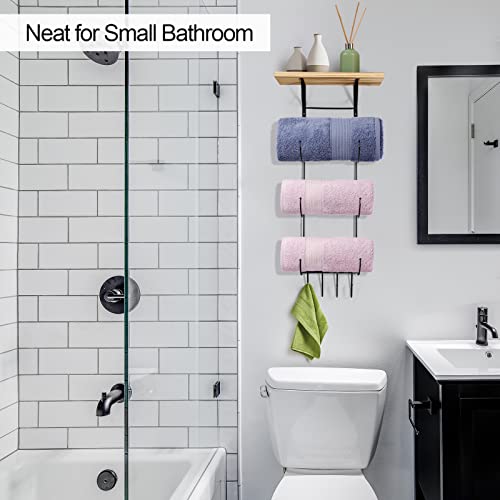 TJ.MOREE Towel Rack Wall Mount for Bathroom Storage, 3 Sectional Metal Bath Towel Rack with 4 hooks for Small Bathroom Organization