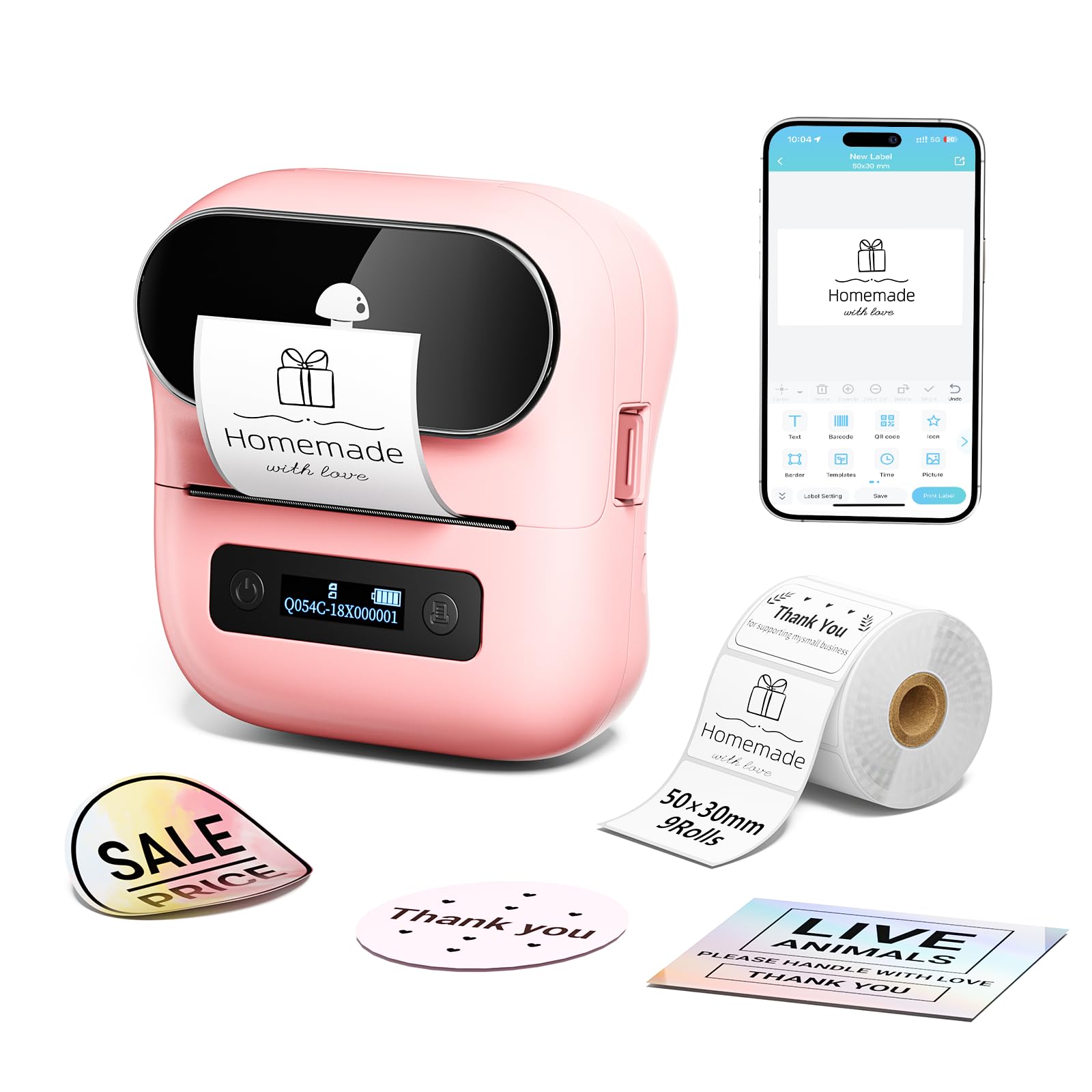 Phomemo Label Printer - M220 Label Maker, Bluetooth Mini Barcode Printer, 3 Inch Wireless Portable Sticker Maker Machine for Mailing, Storage, Address, Clothing, Home, Office,Pink