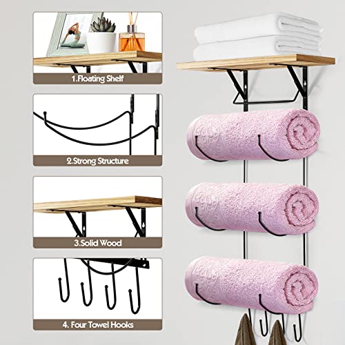 TJ.MOREE Towel Rack Wall Mount for Bathroom Storage, 3 Sectional Metal Bath Towel Rack with 4 hooks for Small Bathroom Organization