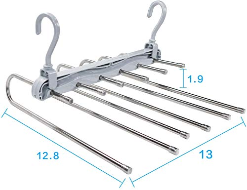 Niclogi Pants Hangers 6 Layers Space Saving Trouser Hangers, 4 Pack Multifunctional Pant Rack Stainless Steel Folding Closet Storage Organizer for Pants Slacks Jeans Trousers Towel（Grey）