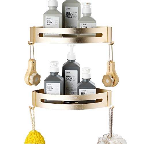Adhesive or Drilling Bathroom Corner Shelves Shower Caddy Shampoo Holder 2-Packed Bright Gold Color