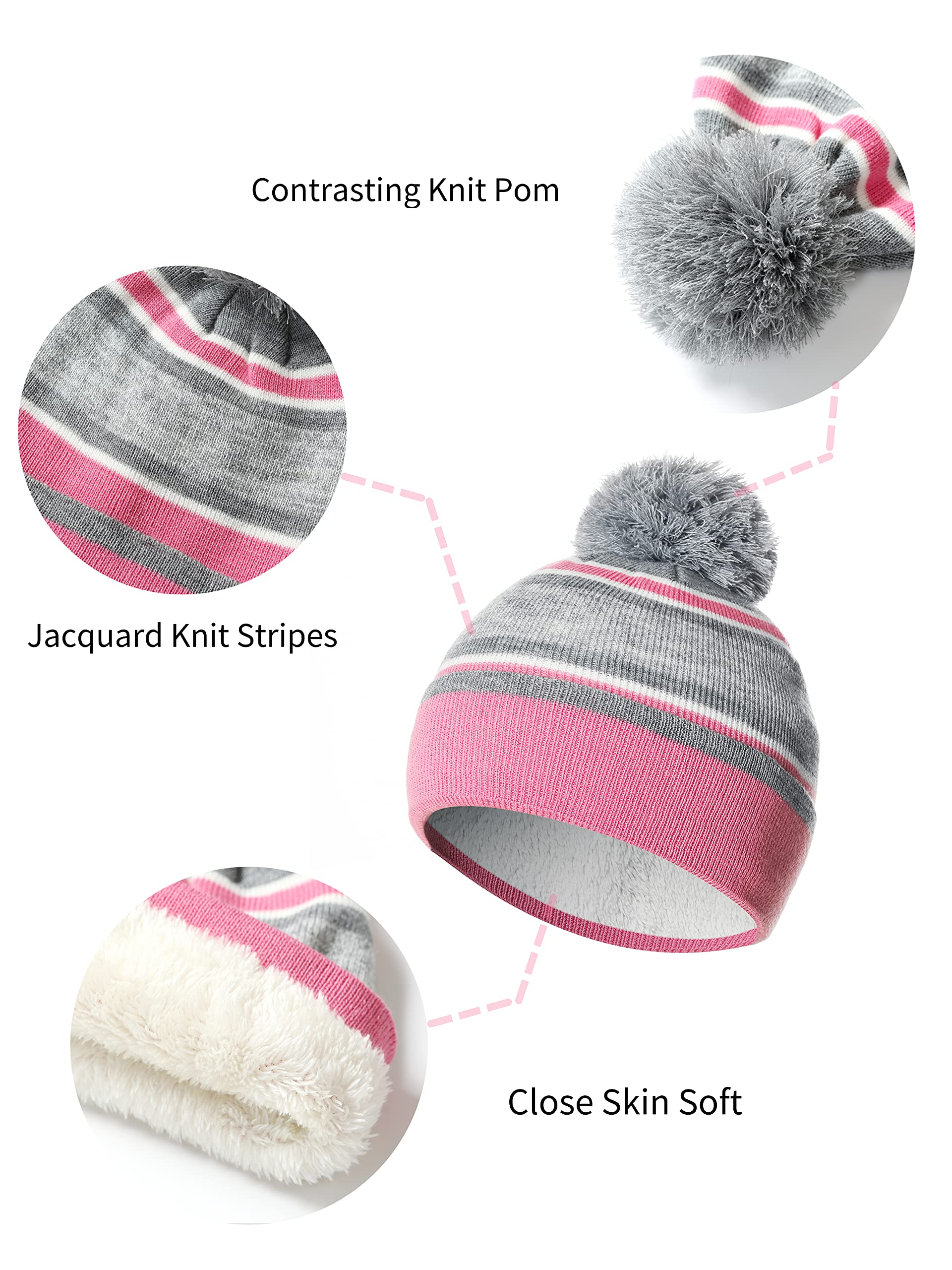 GOLHUA 3Pcs Kids Winter Hat Scarf Gloves Set for 3-6 Years Old Boys Girls Elastic Beanie Hat Circle Scarf Set Knitted Plush - Pink, One Size