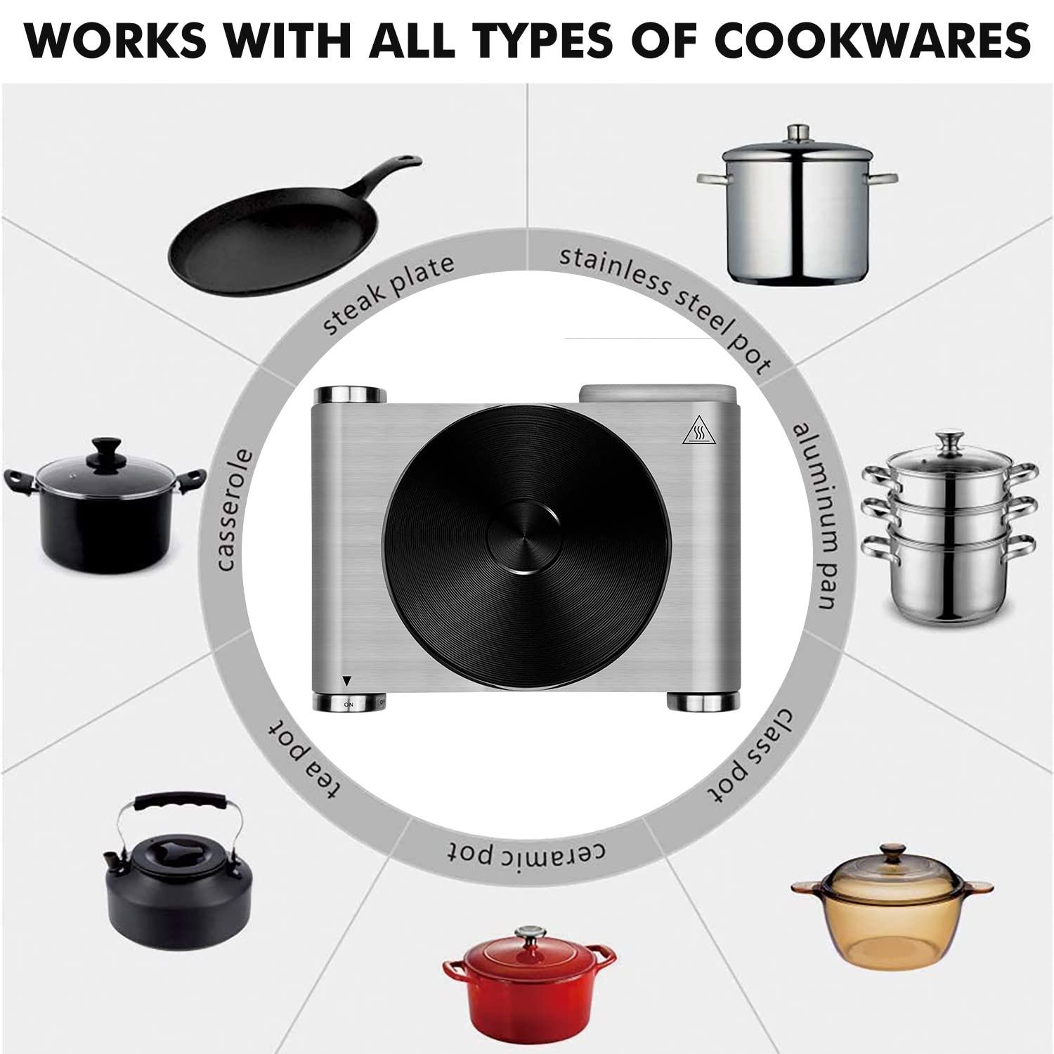 CUSIMAX Electric Hot Plate 1500W Single Burner Cast Iron Hot Plates for cooking Portable Stove Electric Burner with Adjustable Temperature Control Silver Stainless Steel Non-Slip Rubber Feet
