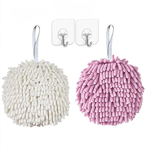Zapikic Fuzzy Ball Towel 2 Set of Pink and White Quick Dry Hand Bath Towel,Bath Towel Set Decorative Towels for Bathroom Hand Towels with Loop (2 Pack, Pink+White