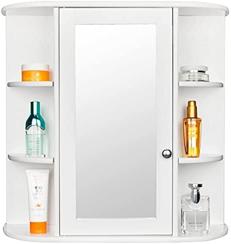 be current Mirror Cabinet, Bathroom Wall Storage Wooden Mounted Medicine Cabinet with Adjustable Shelf and 6 Open Compartments, L 23.6 inch x W 6.5 H 22.4 - White
