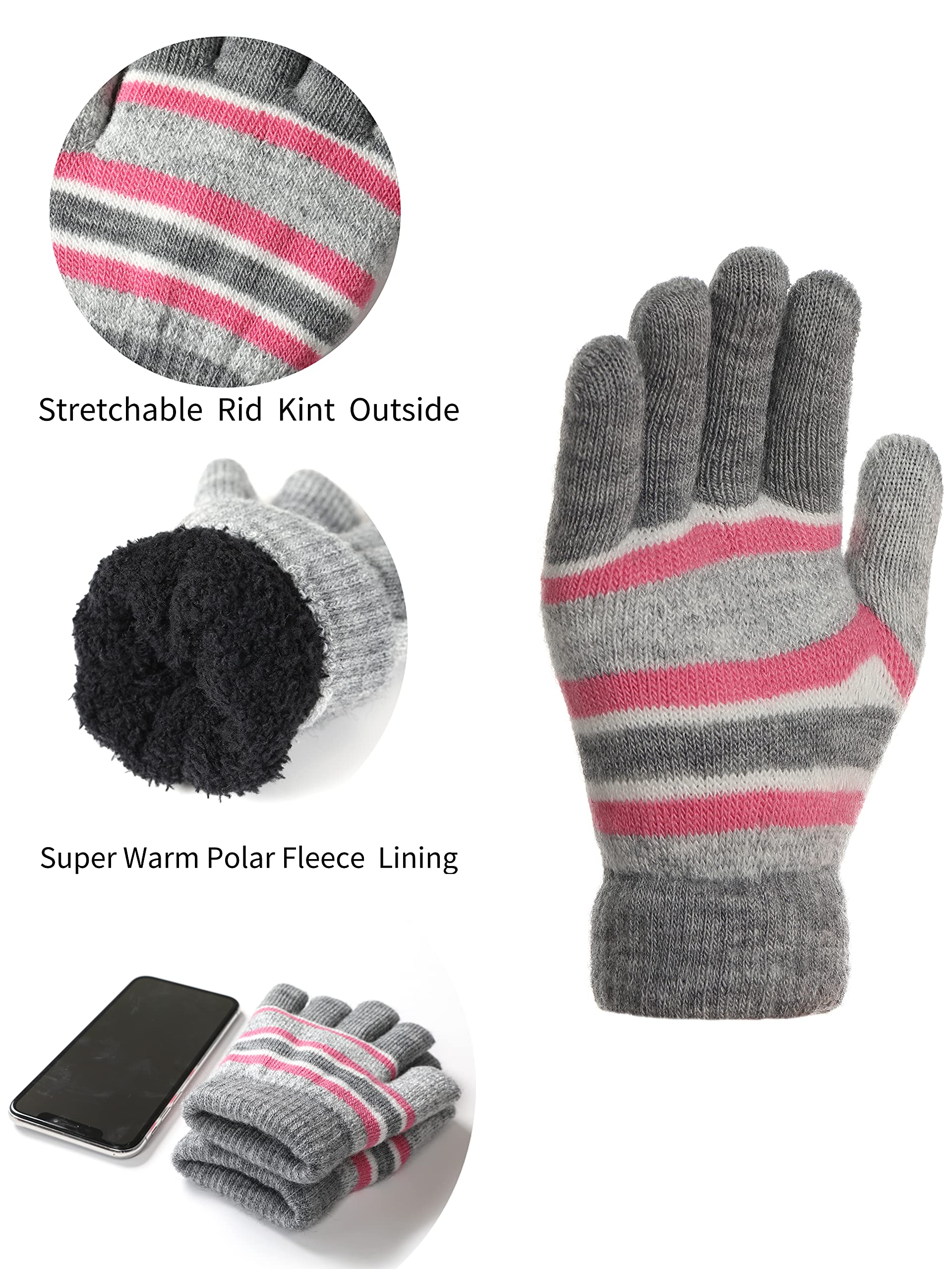 GOLHUA 3Pcs Kids Winter Hat Scarf Gloves Set for 3-6 Years Old Boys Girls Elastic Beanie Hat Circle Scarf Set Knitted Plush - Pink, One Size