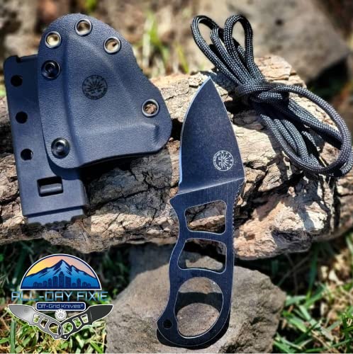 Off-Grid Knives - Compact EDC Fixed Blade Knife with Cryo D2 Steel, Paracord Rope, Neck Knife, Belt Clip, Scout & Vertical Carry, Kydex Sheath (Blackout)