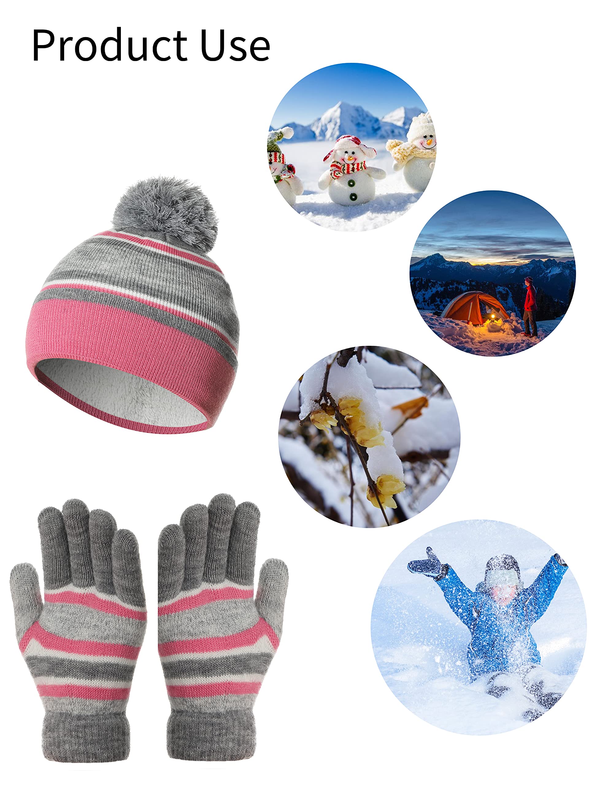 GOLHUA 3Pcs Kids Winter Hat Scarf Gloves Set for 3-6 Years Old Boys Girls Elastic Beanie Hat Circle Scarf Set Knitted Plush - Pink, One Size