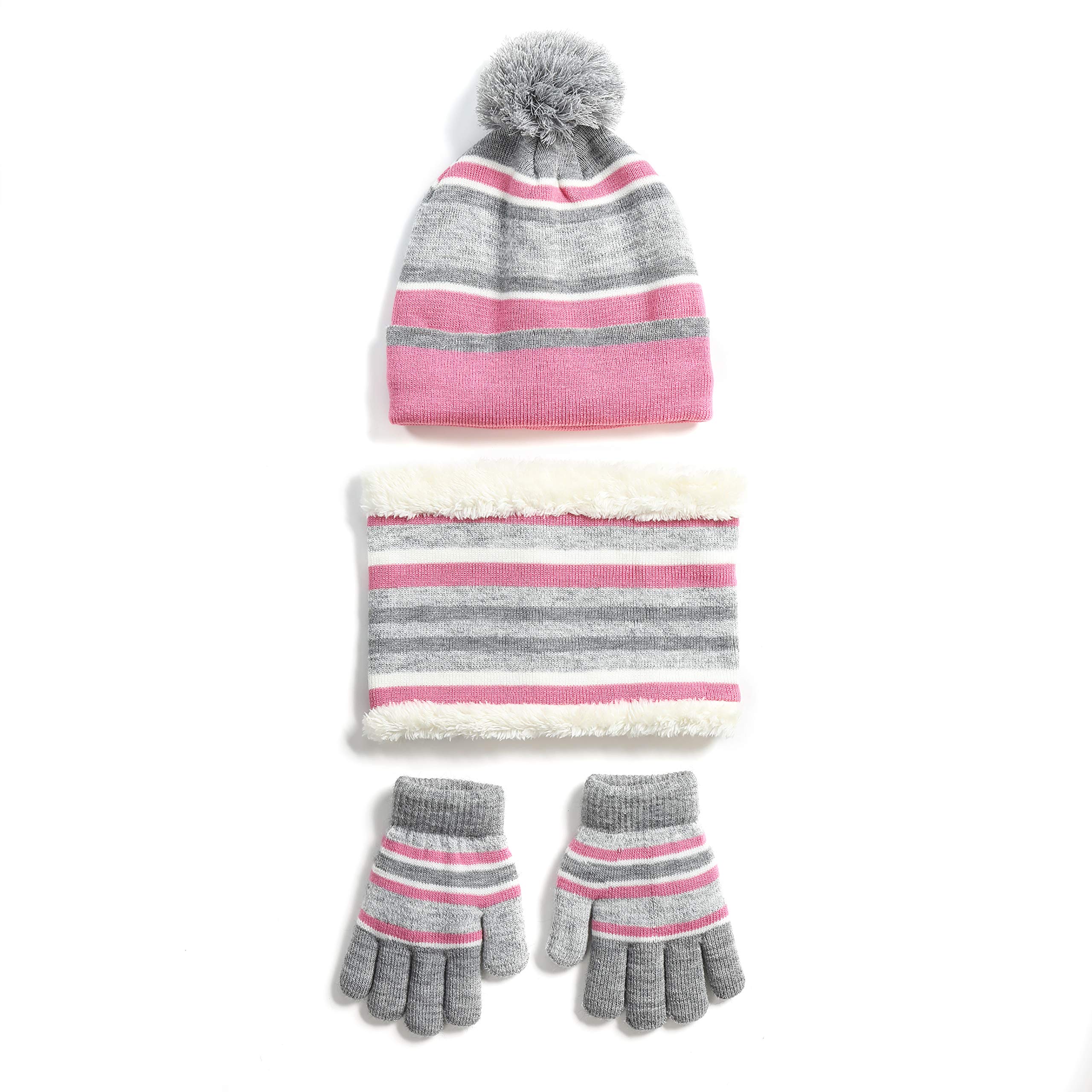 GOLHUA 3Pcs Kids Winter Hat Scarf Gloves Set for 3-6 Years Old Boys Girls Elastic Beanie Hat Circle Scarf Set Knitted Plush - Pink, One Size