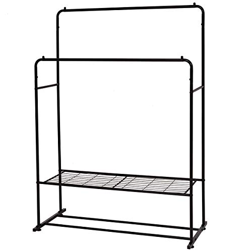 Ustamio Clothes Rack with Double Rods & Double Bottom Shelves, Simple Houseware Metal Portable Clothing Hanging Garment Rack 43.3'' Inches for hanging dresses, suits and shirts, Chrome (Black)